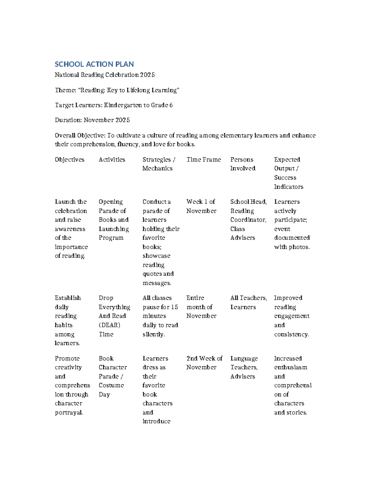 National Reading Celebration Action Plan 2025: Cultivating Lifelong ...