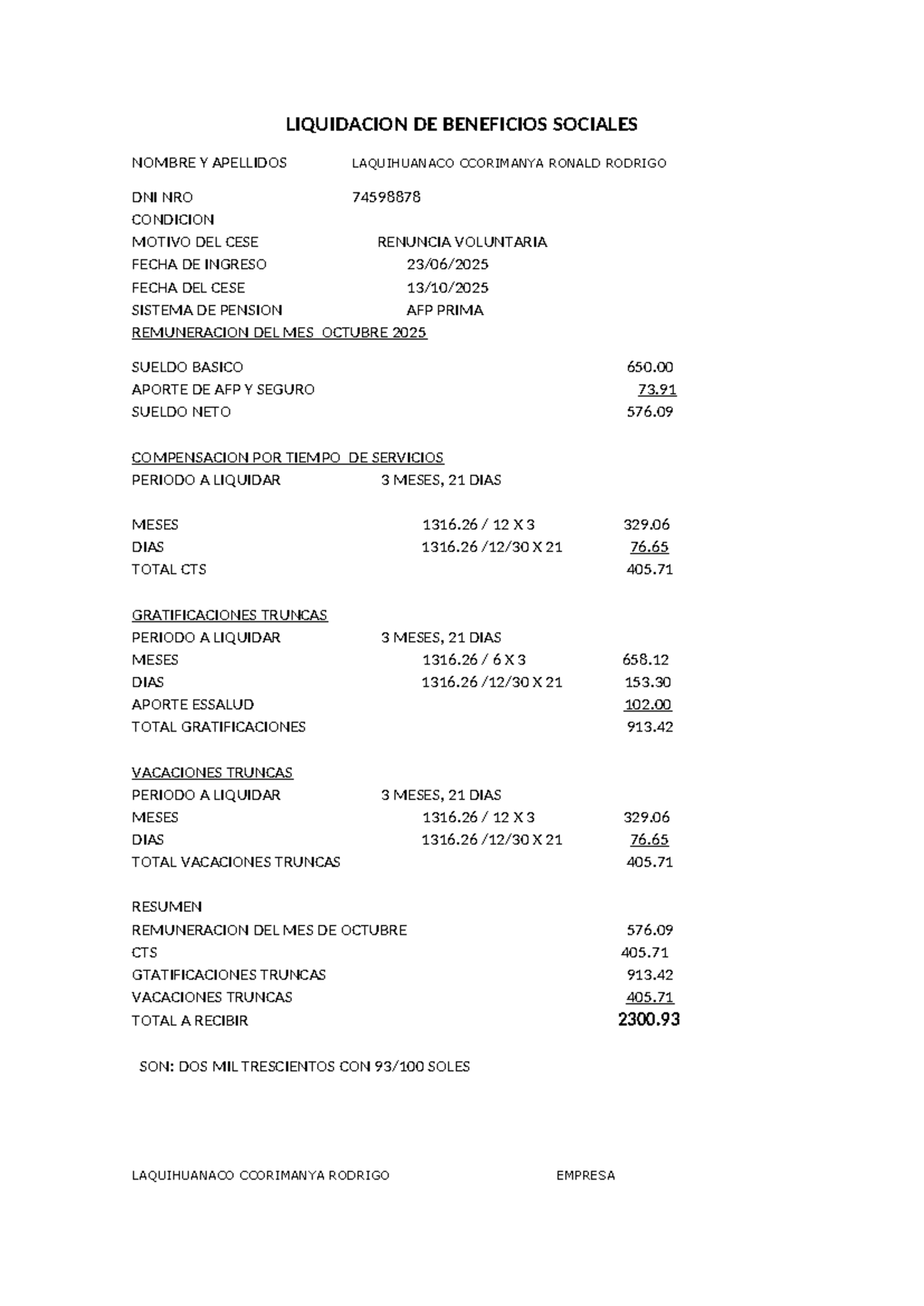 LIQUIDACION DE BENEFICIOS SOCIALES - LAQUIHUANACO CCORIMANYA - Studocu