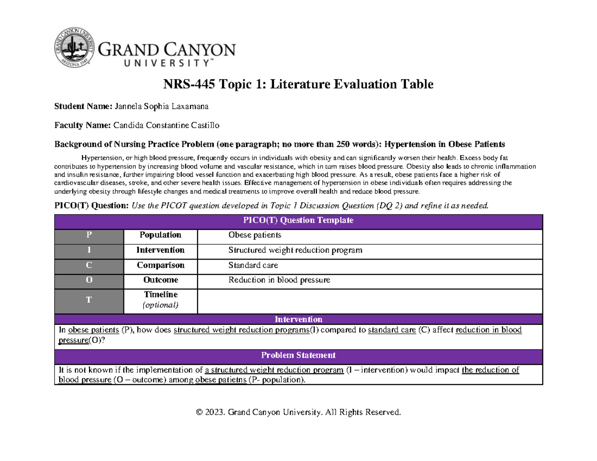 NRS445 LET - Week 1 Assignment: Evaluating Hypertension in Obese ...