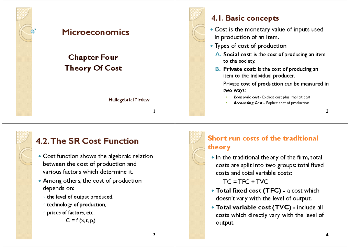 Microeconomics Chapter 4: Theory of Cost Analysis and Functions - Studocu