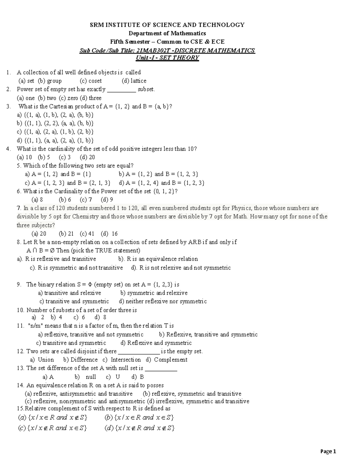 21MAB302T Mathematics Unit-1 MCQs & Question Bank - Studocu