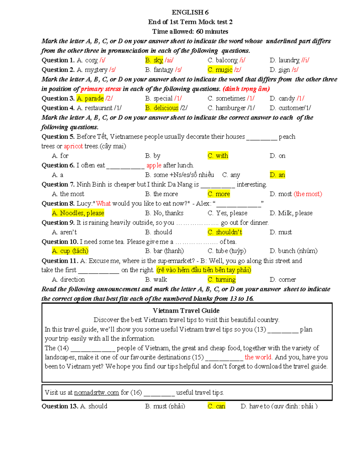 ENGLISH 6 End of 1st Term Mock Test 2 - Comprehensive Review - Studocu