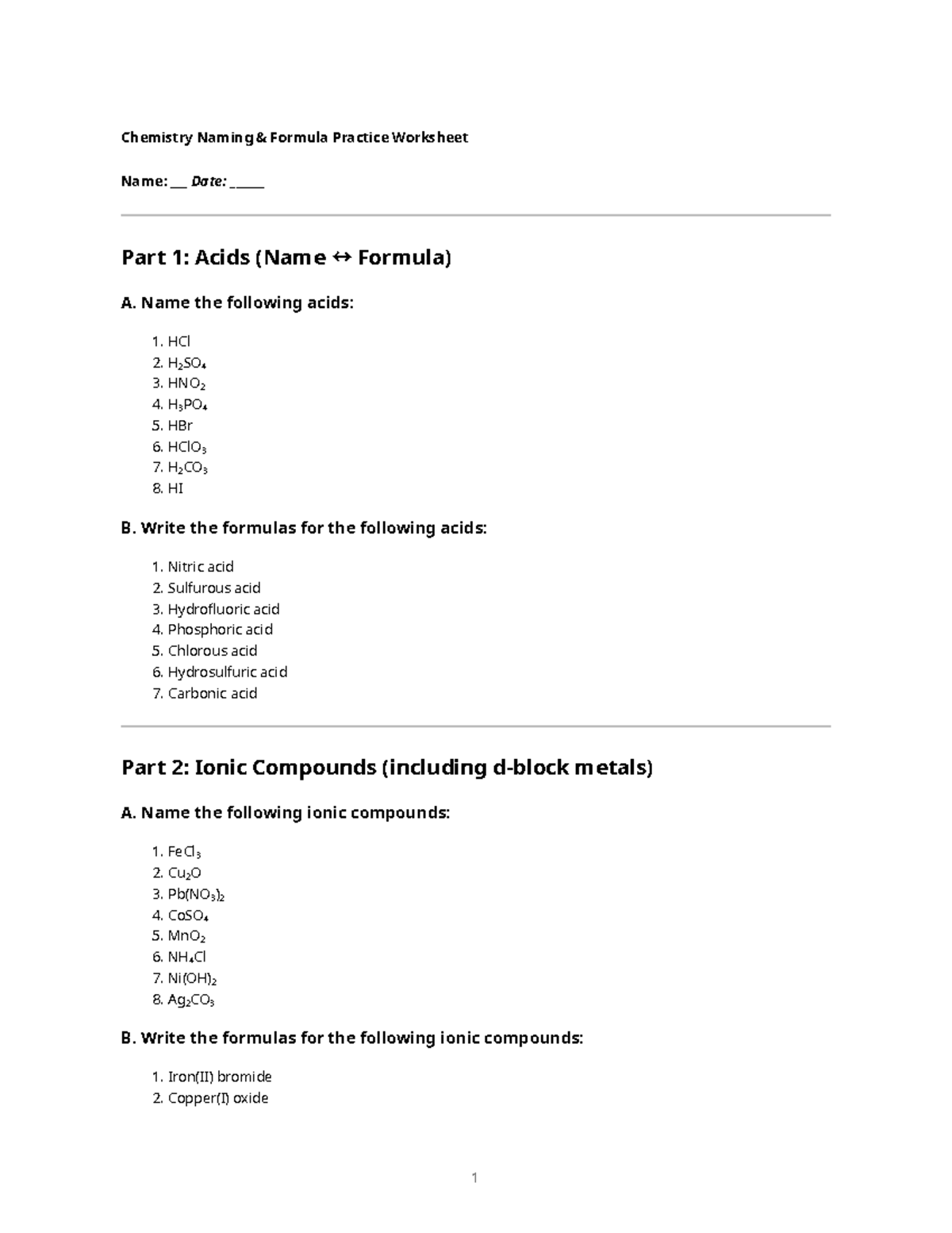 Chemistry Naming Practice Worksheet: Acids, Ionic & Covalent Compounds ...