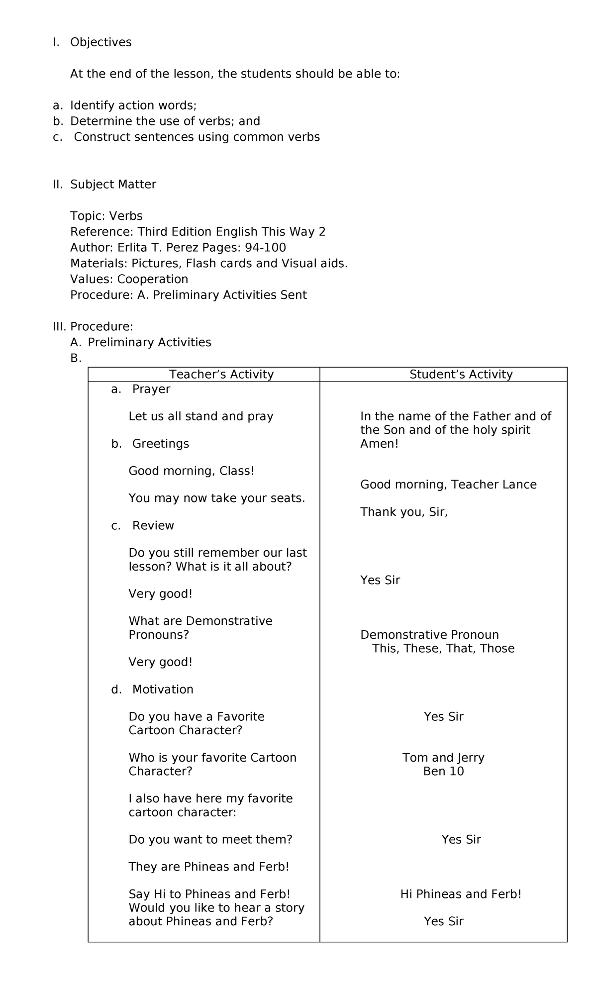LP in Elective Grade 2: Exploring Verbs and Action Words Lesson Plan ...