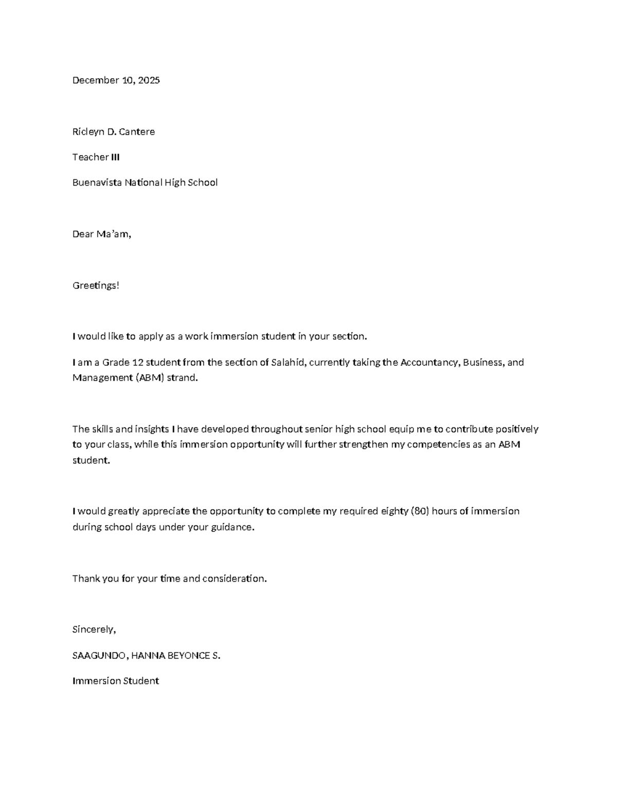 ABM Work Immersion Application Letter - Grade 12 - Studocu