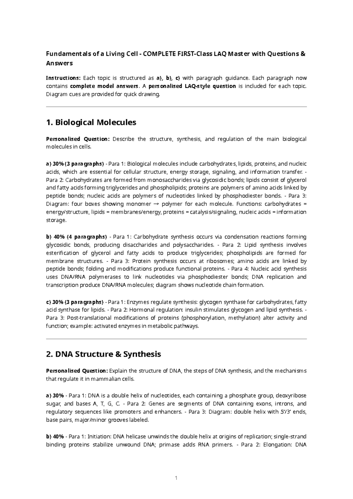 Fundamentals of a Living Cell: Complete LAQ Master Guide - Studocu
