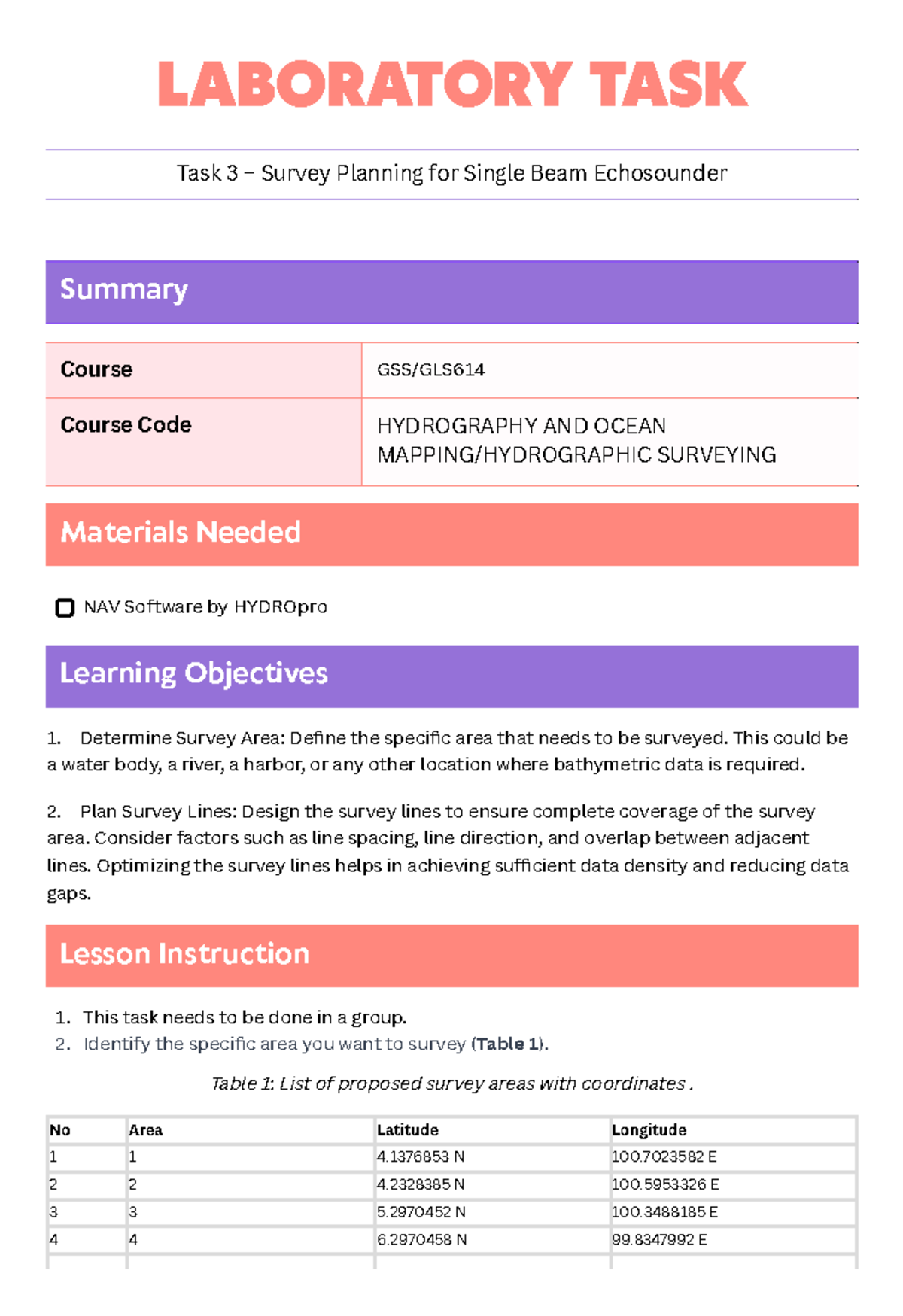 Lab Task 3: Survey Planning for Single Beam Echosounder (HYDRO) - Studocu