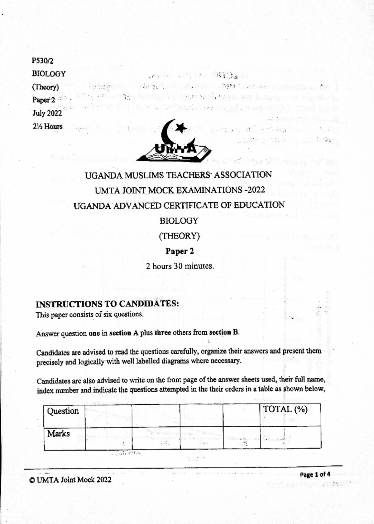 Kamsa joint mock bio1 - past paper - - Studocu