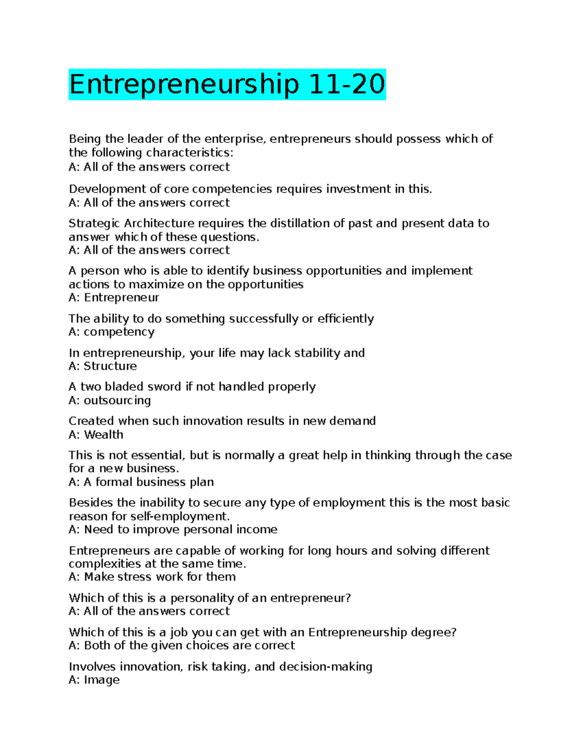 Entrepreneurship 2021 2022 answer key - Entrepreneurship 11- Being the ...