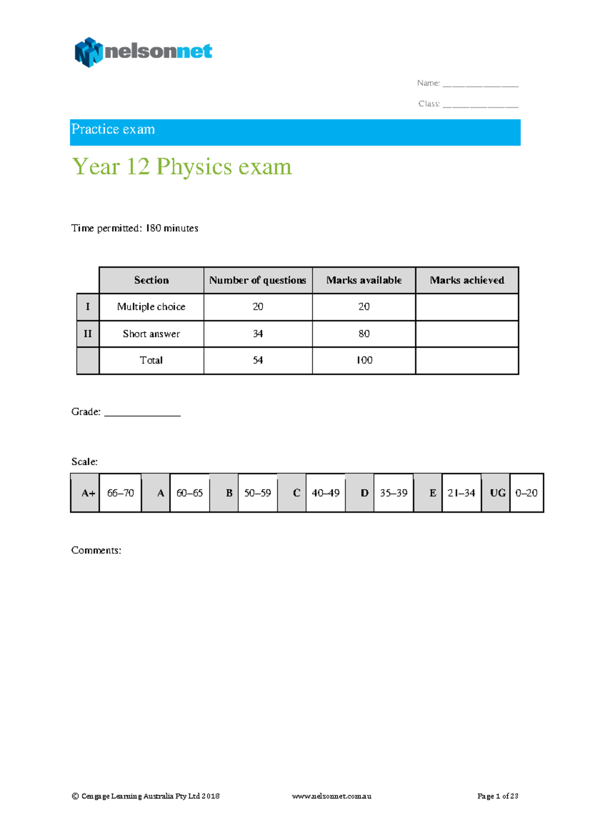 Year 12 Physics: 2019 Nelson Net Practice Exam - Studocu