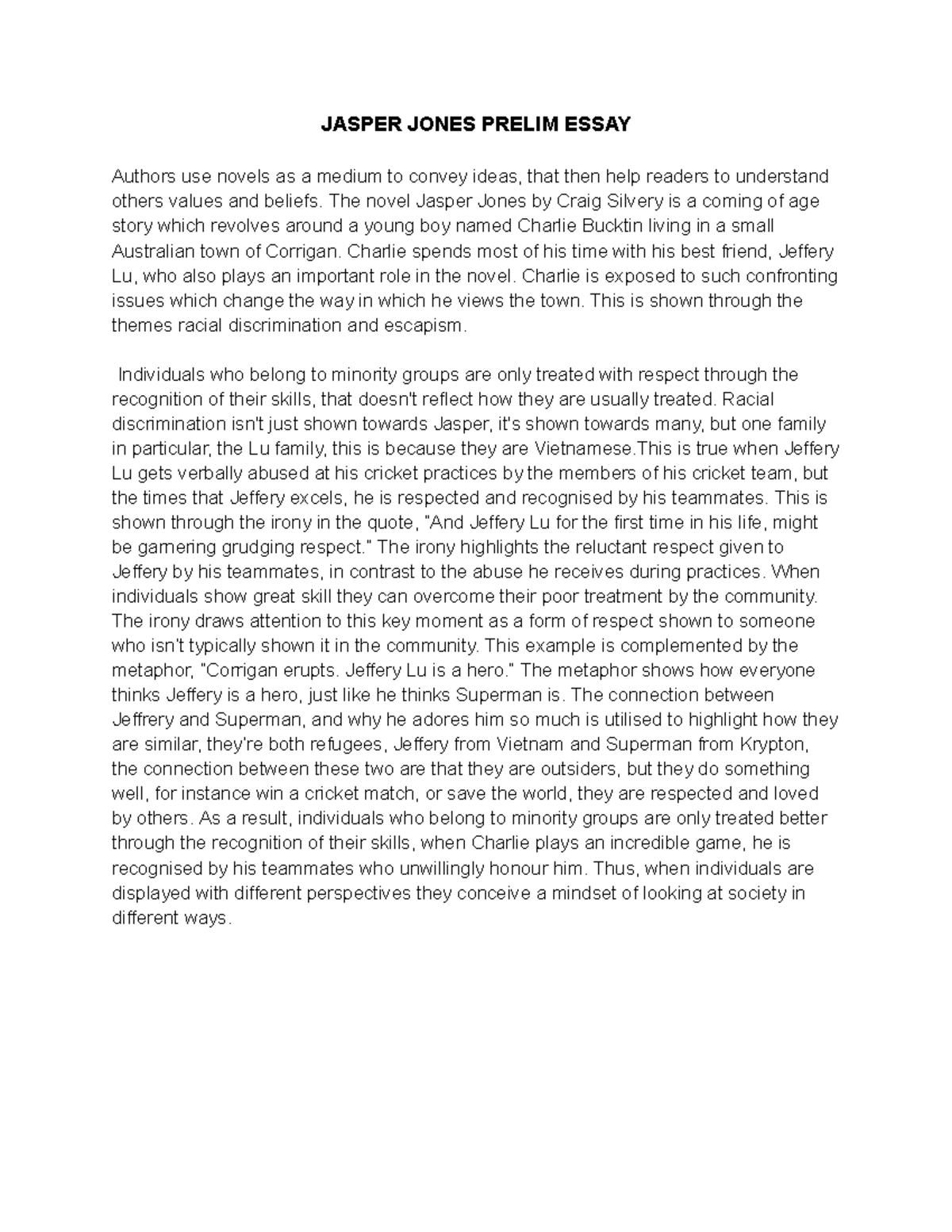 Jasper Jones Preliminary Essay Analysis: Themes of Discrimination and ...