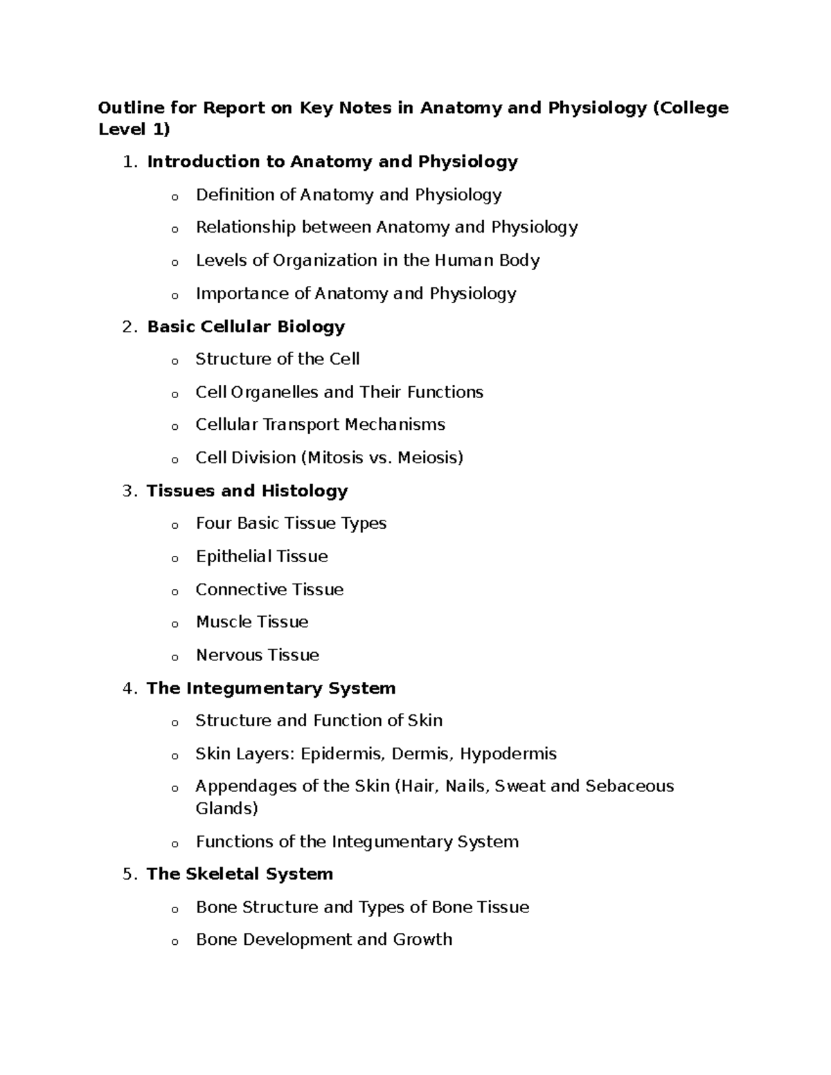 Outline for Report on Key Notes in Anatomy and Physiology ...