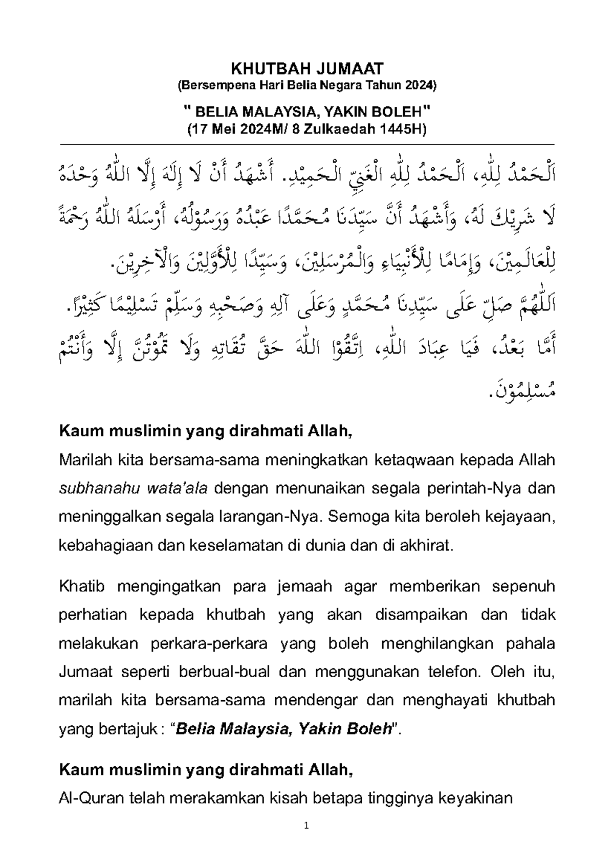 KHUTBAH JUMAAT: Belia Malaysia Yakin - 17 Mei 2024 - Studocu