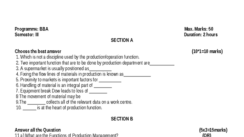 BBA CIA I Production & Material Management - Question Paper - Studocu