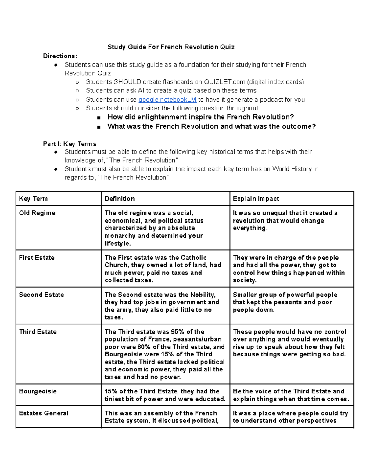 French Revolution Quiz Study Guide: Key Terms & Events Summary - Studocu