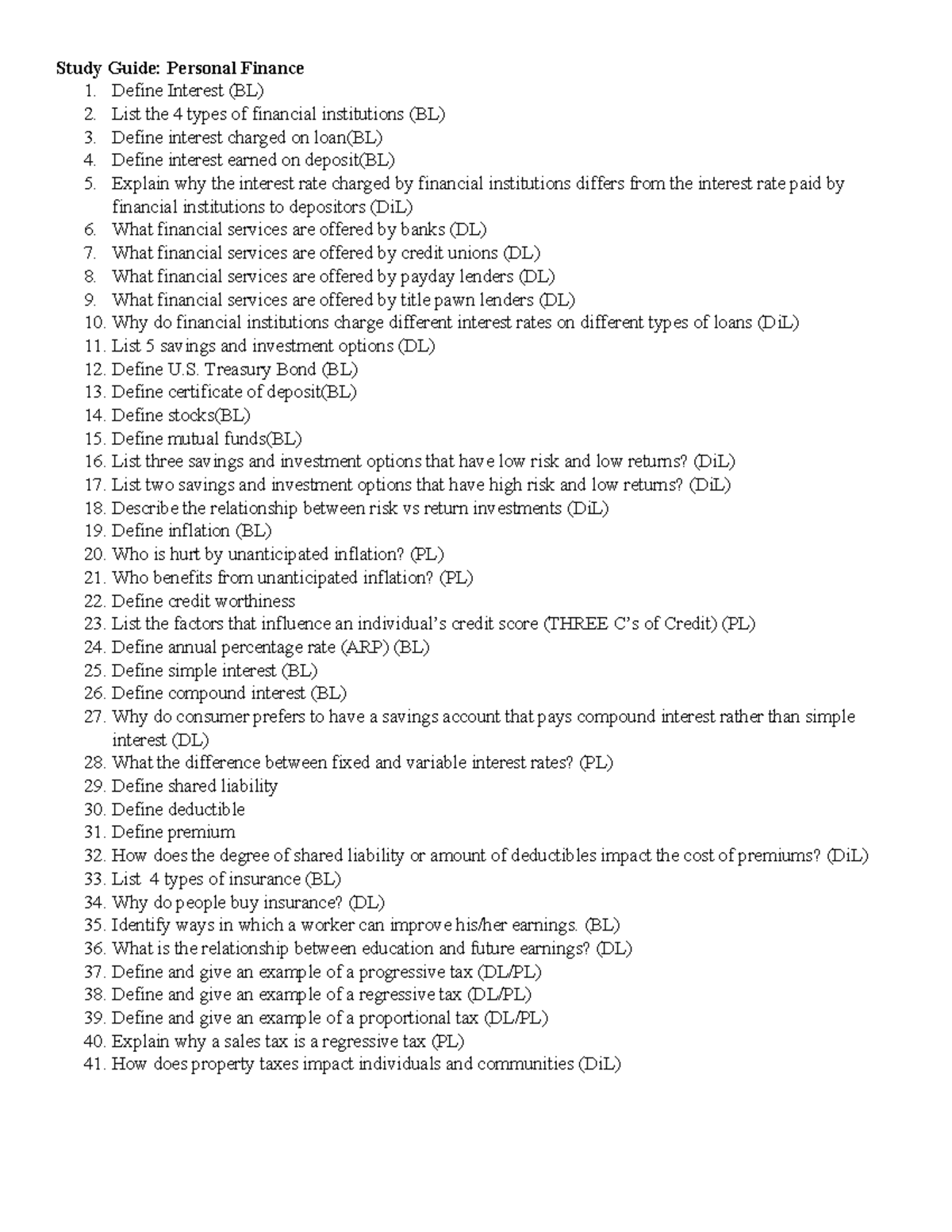 Personal Finance Study Guide: Key Concepts and Definitions - Study ...