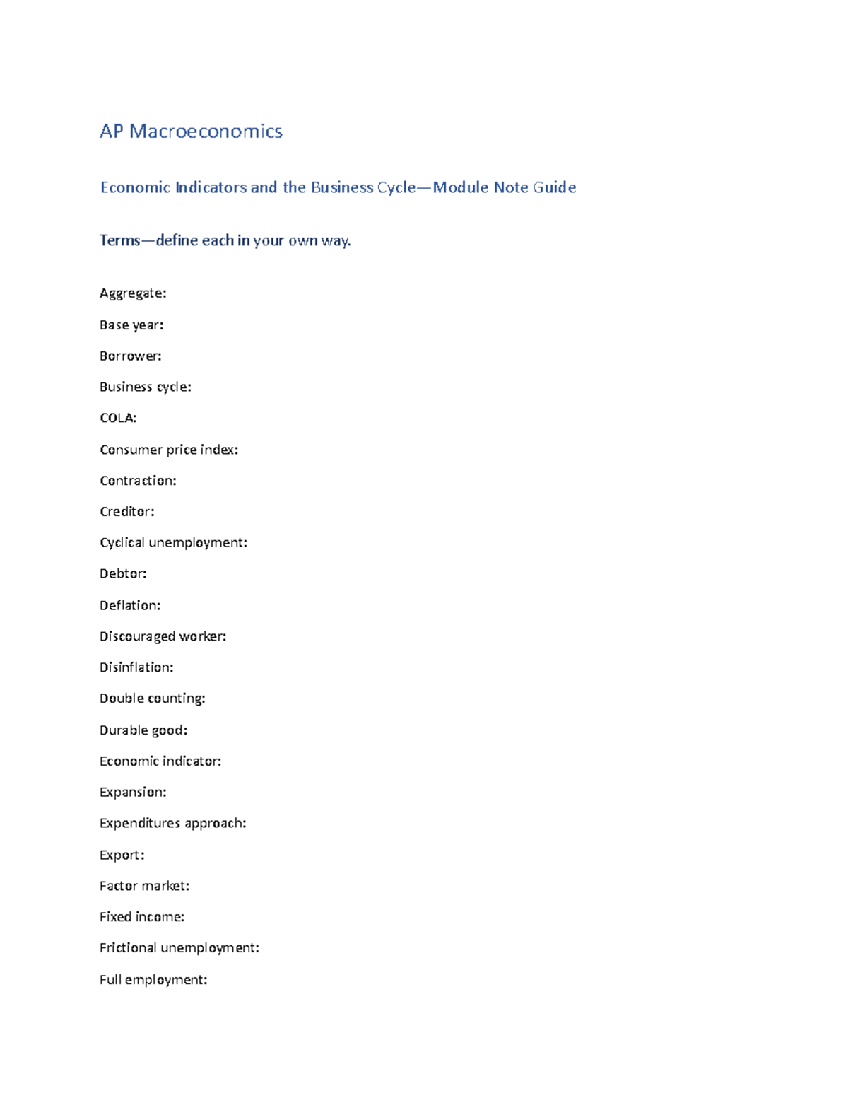 Economic Indicators and the Business Cycle Module Note Guide - AP ...