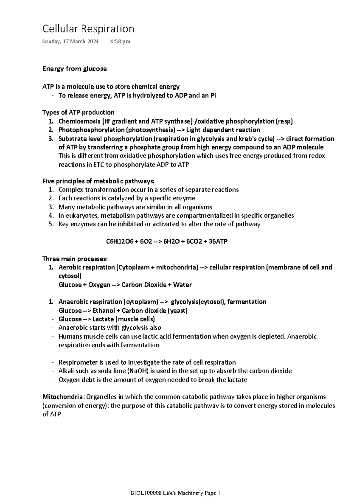 Cellular Respiration - notes - Energy from glucose ATP is a molecule ...