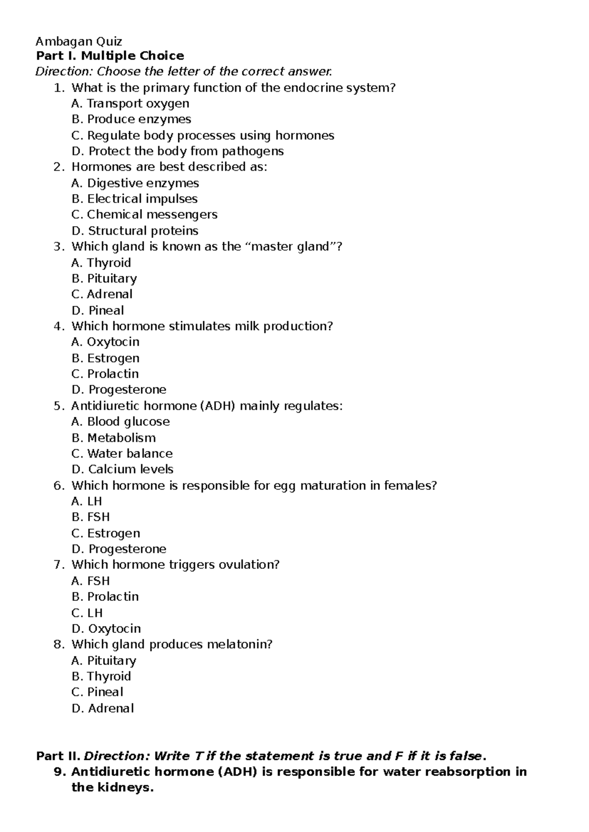 Ambagan Quiz Part I: Endocrine System MCQs - Studocu