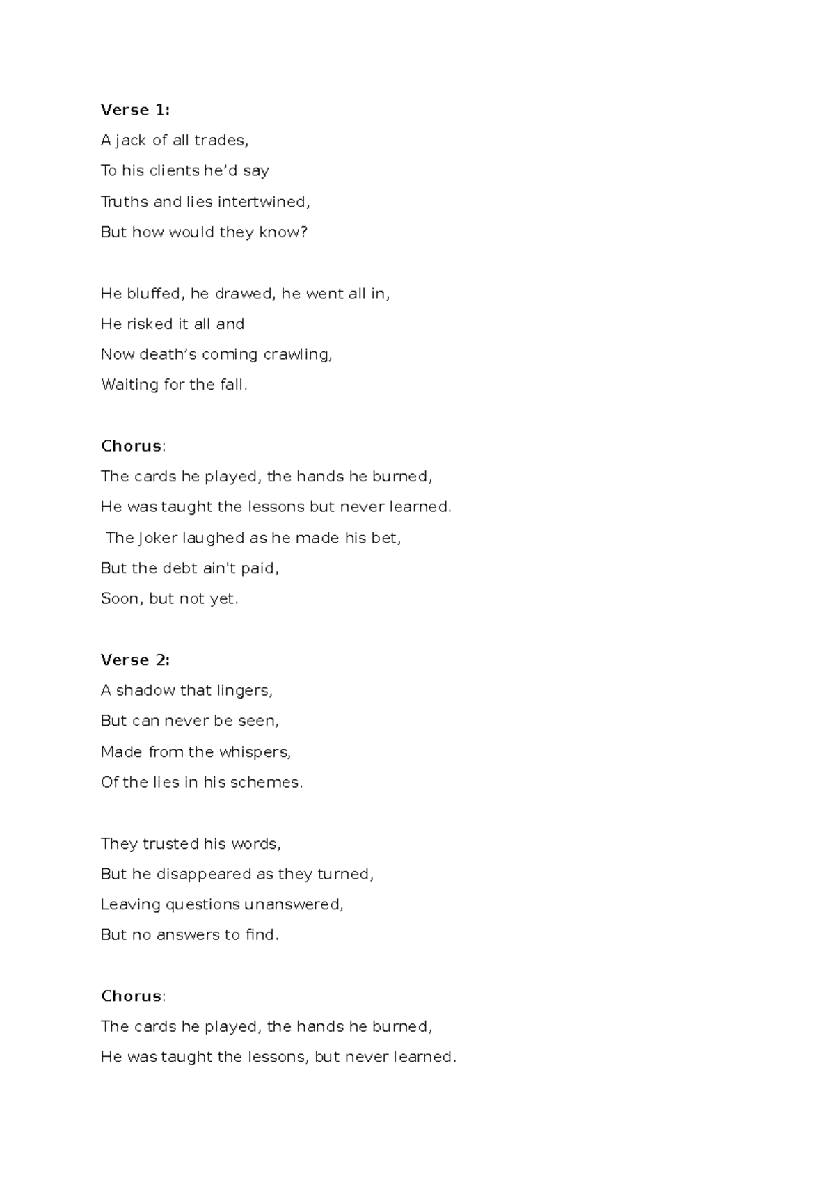 Song Writing - The Joker's Gamble: Truths and Lies Intertwined - Studocu