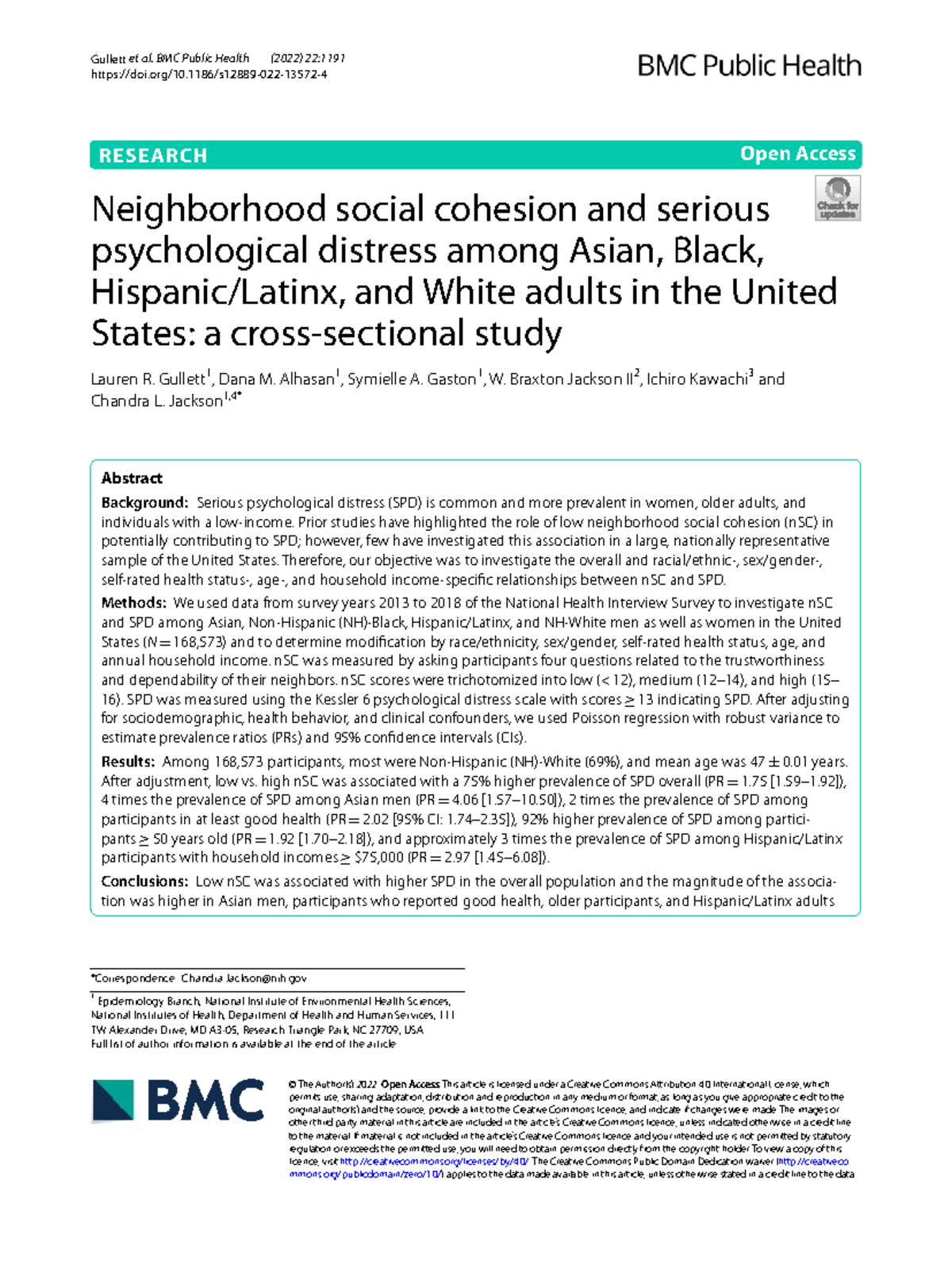 Neighborhood Social Cohesion and Serious Psychological Distress: A ...