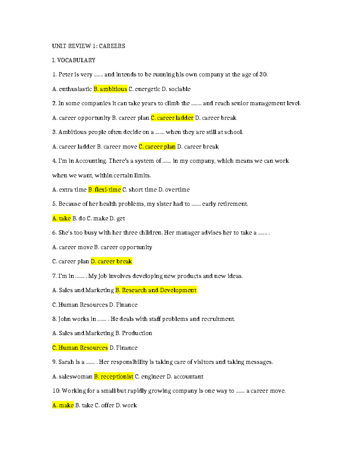 UNIT Review 1: Careers Vocabulary & Grammar Exercises - TA1 - Studocu