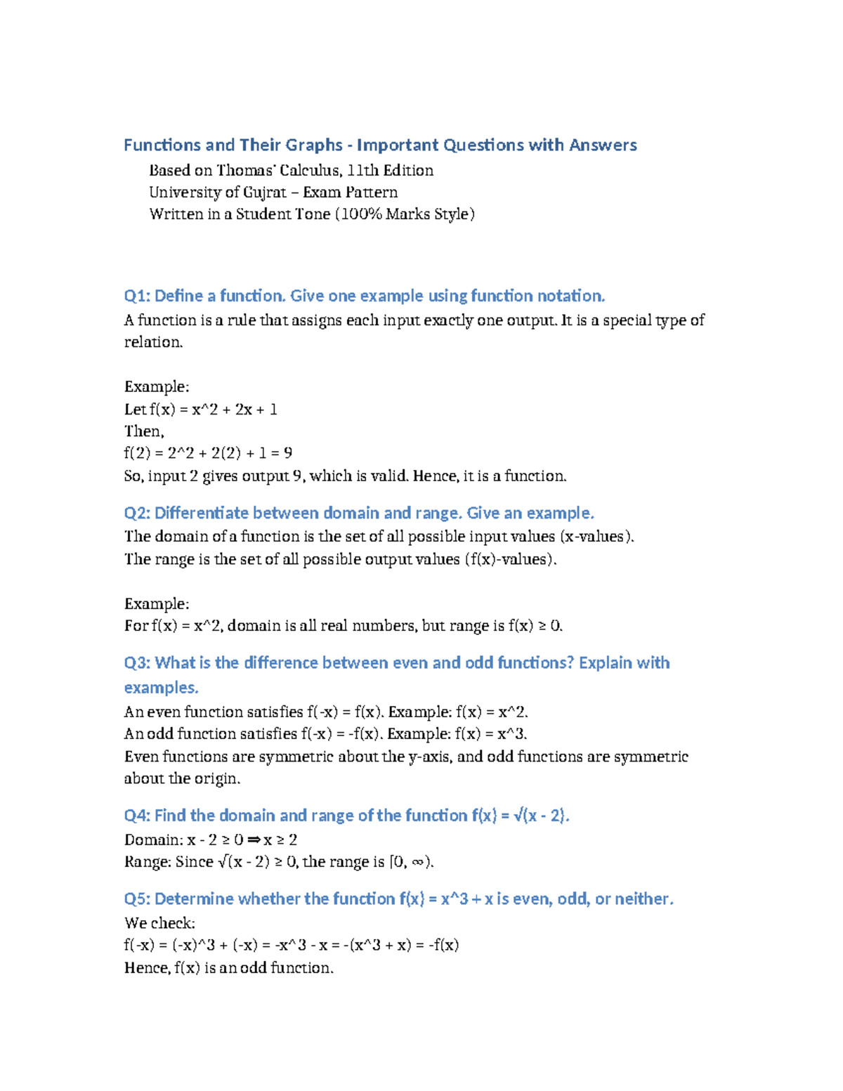 Functions and Their Graphs UOG Exam Pattern Q&A Guide - Studocu
