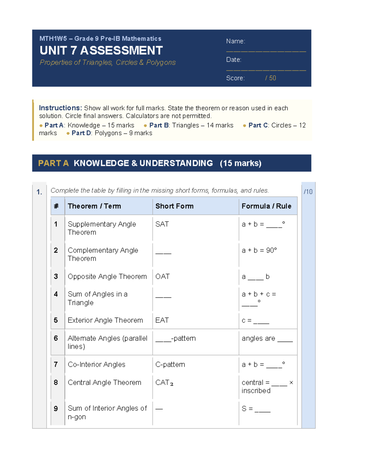 MTH1W5 Grade 9 Math Unit 7 Assessment: Triangles, Circles, Polygons ...