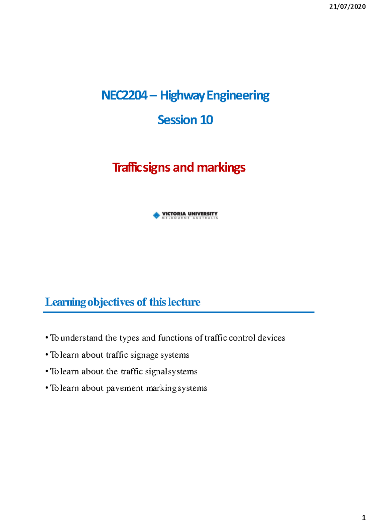 NEC2204 Highway Engineering: Session 10 - Traffic Signs & Markings ...
