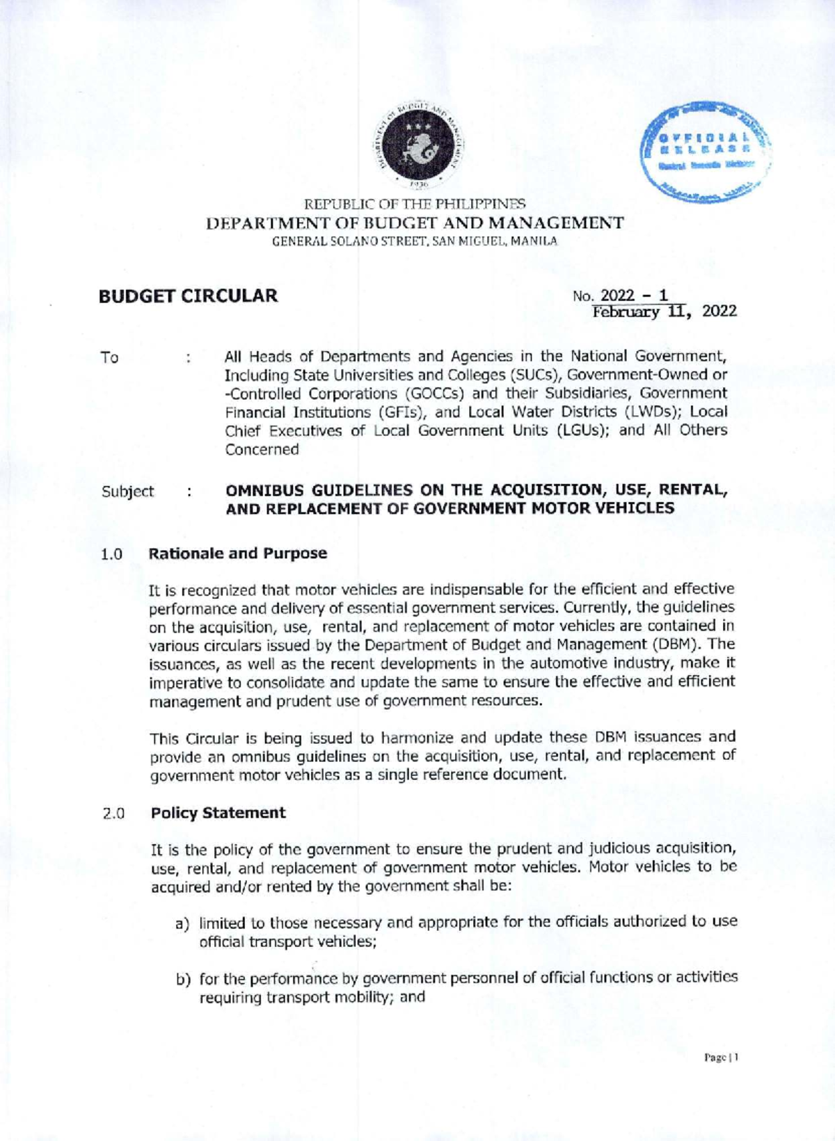 Budget Circular No. 2022-1: Guidelines on Government Motor Vehicles ...