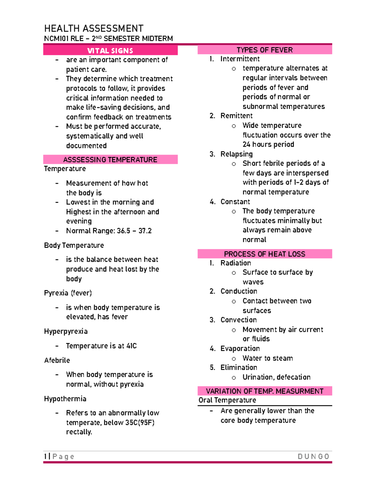NCM101 RLE Midterm Reviewer - Health Assessment Lecture Notes - Studocu