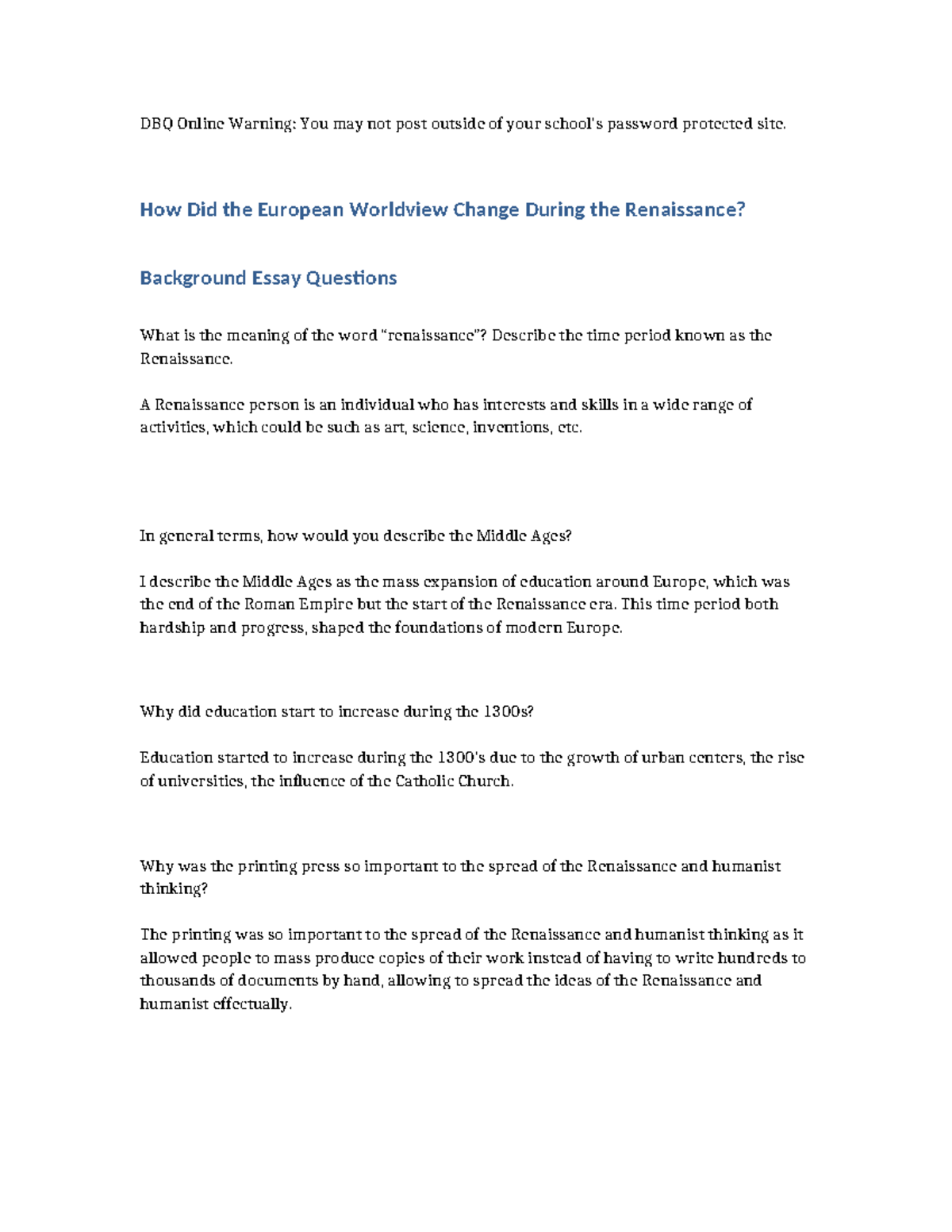 DBQ Analysis: Changes in European Worldview During the Renaissance ...