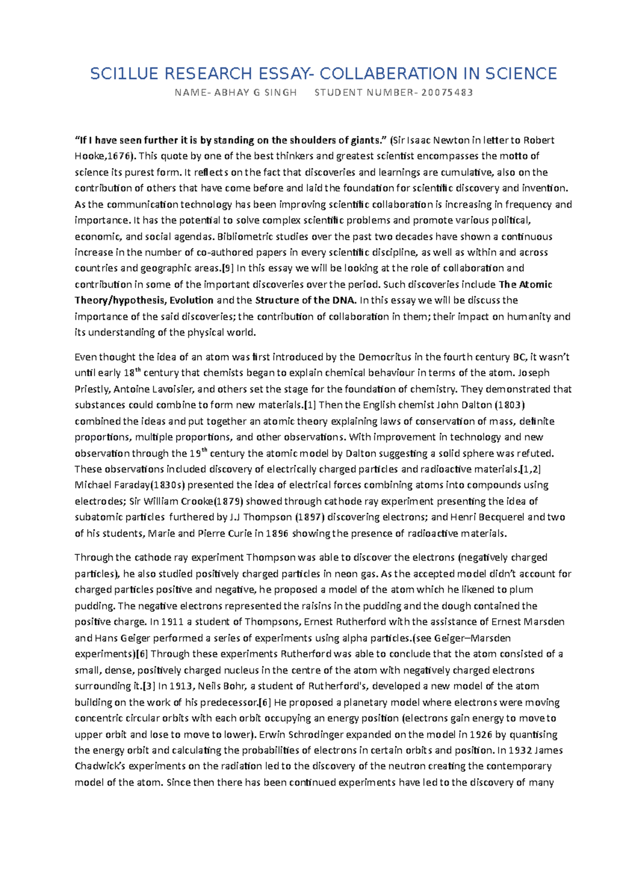 SCI1LUE Research Essay: The Role of Collaboration in Science - Studocu