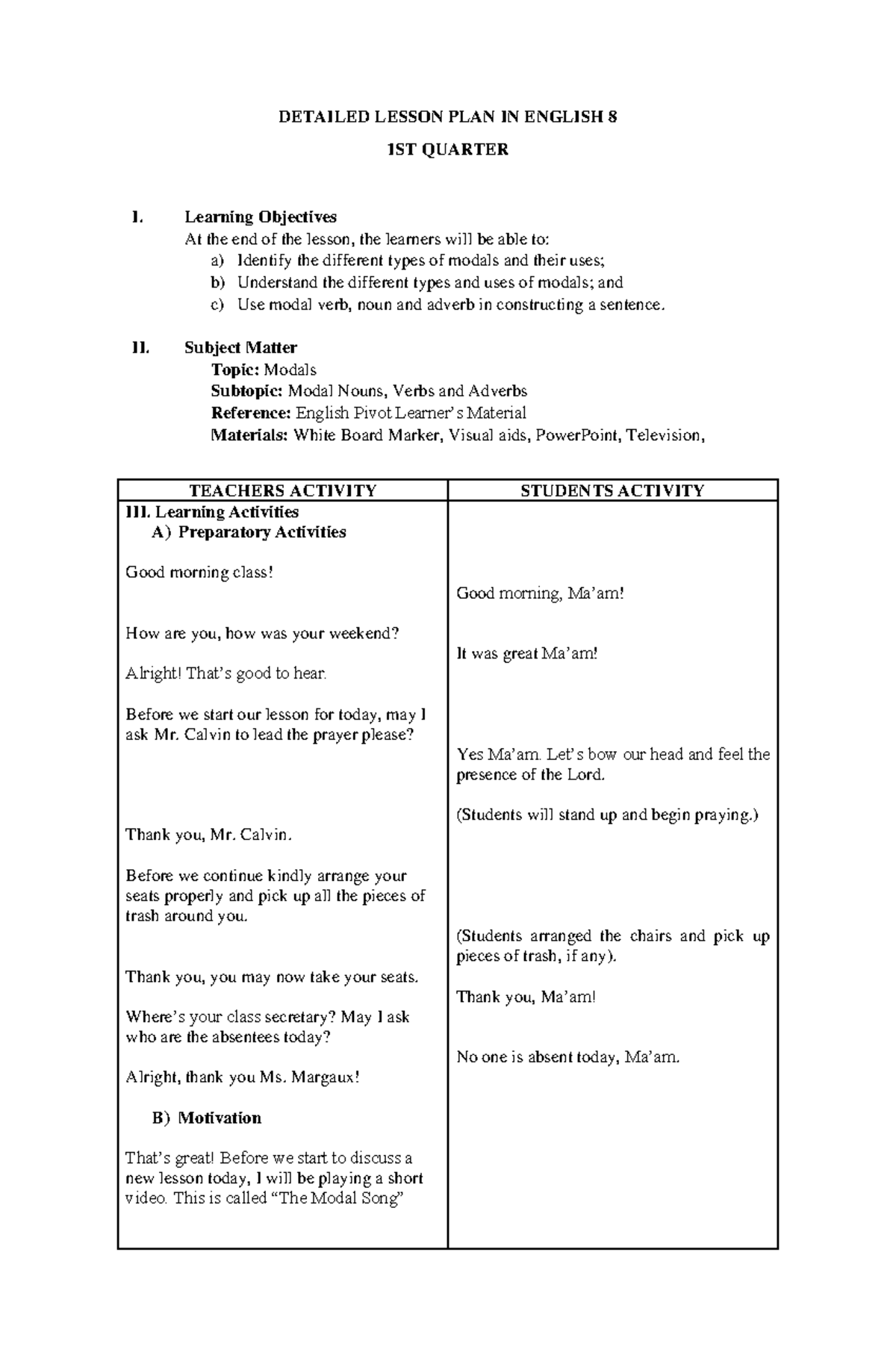 Detailed Lesson Plan: Modals in English 8 - Studocu