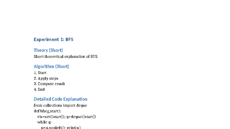AI LAB FULL: BFS, DFS, Hill Climbing, and More Code Explanations - Studocu