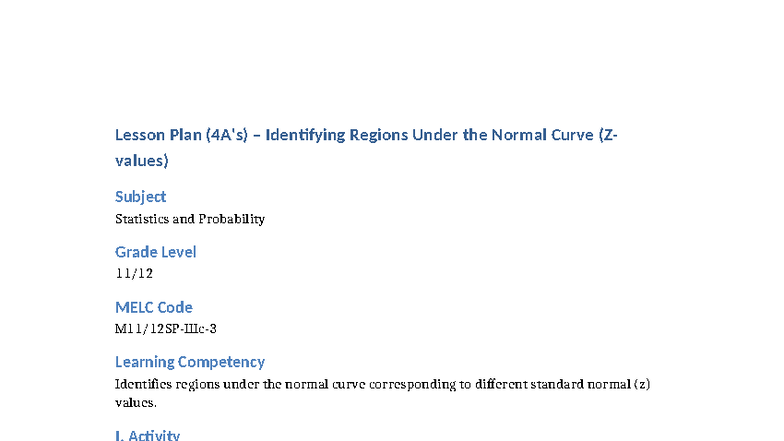 Lesson Plan 4As: Identifying Regions Under the Normal Curve (Statistics ...