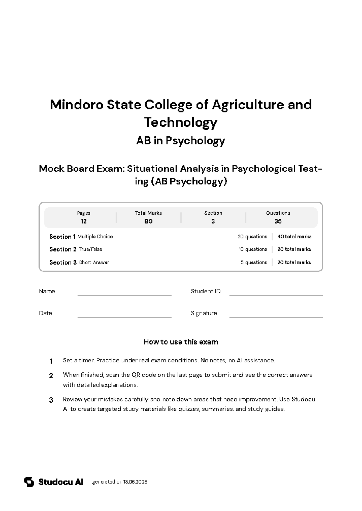 Mock Board Exam: Situational Analysis in Psychological Testing - Studocu