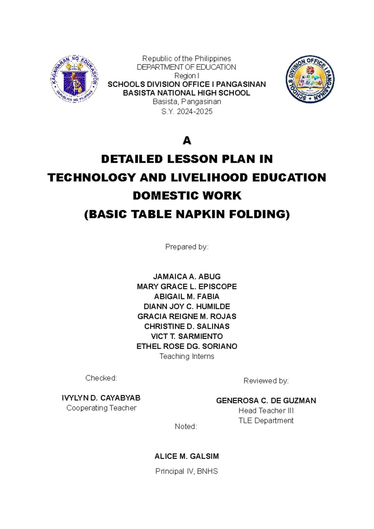 DLP TLE Domestic Work: Basic Napkin Folding Lesson Plan - Studocu