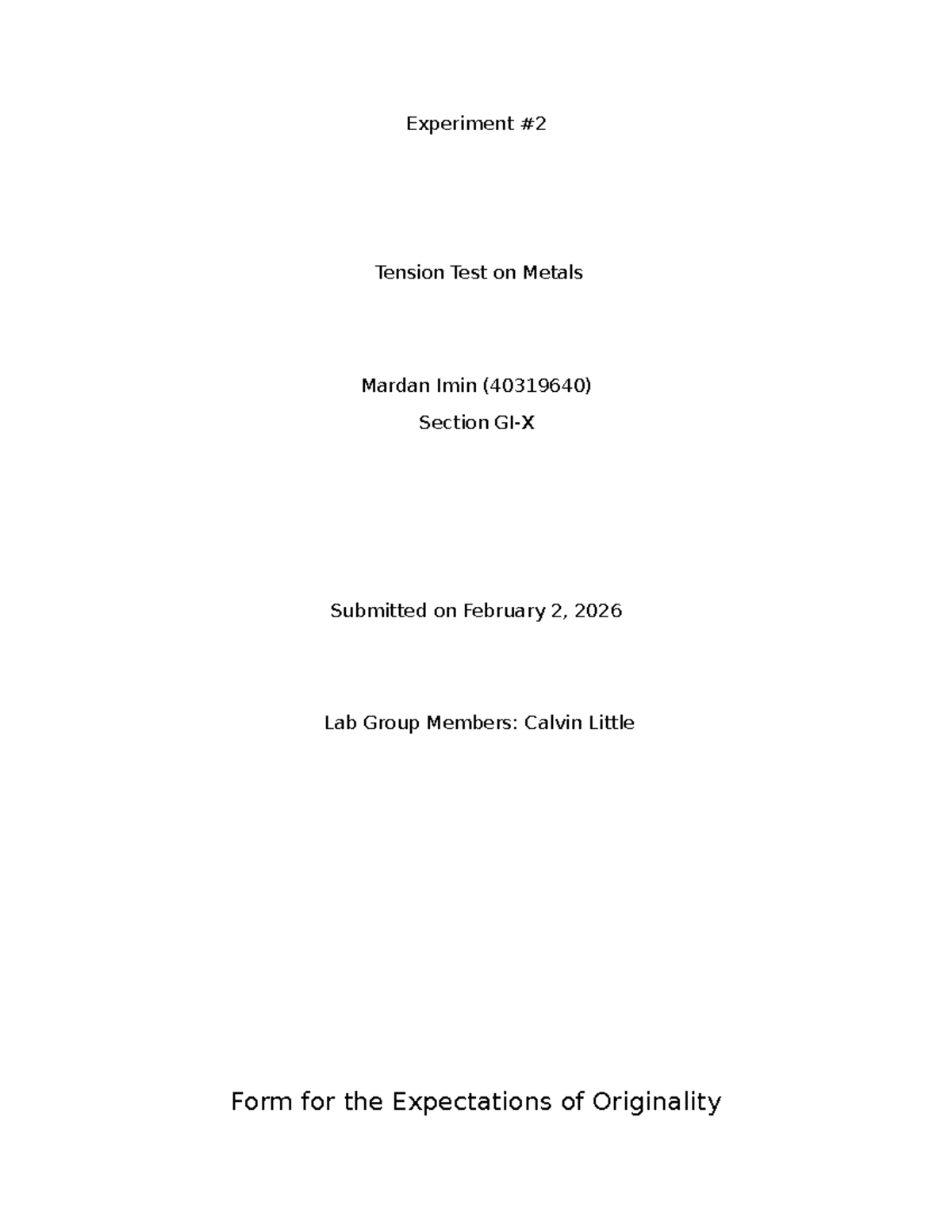 Tension Test on Metals Lab Report (40319640) - February 2026 - Studocu