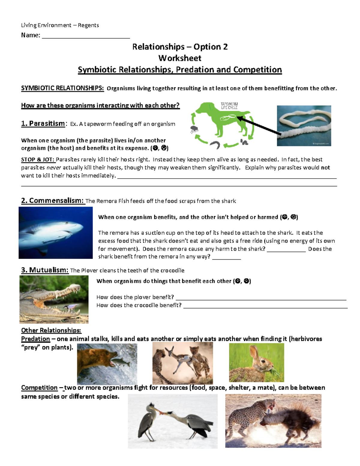 Symbiotic Relationships, Predation & Competition Worksheet–Living Env ...