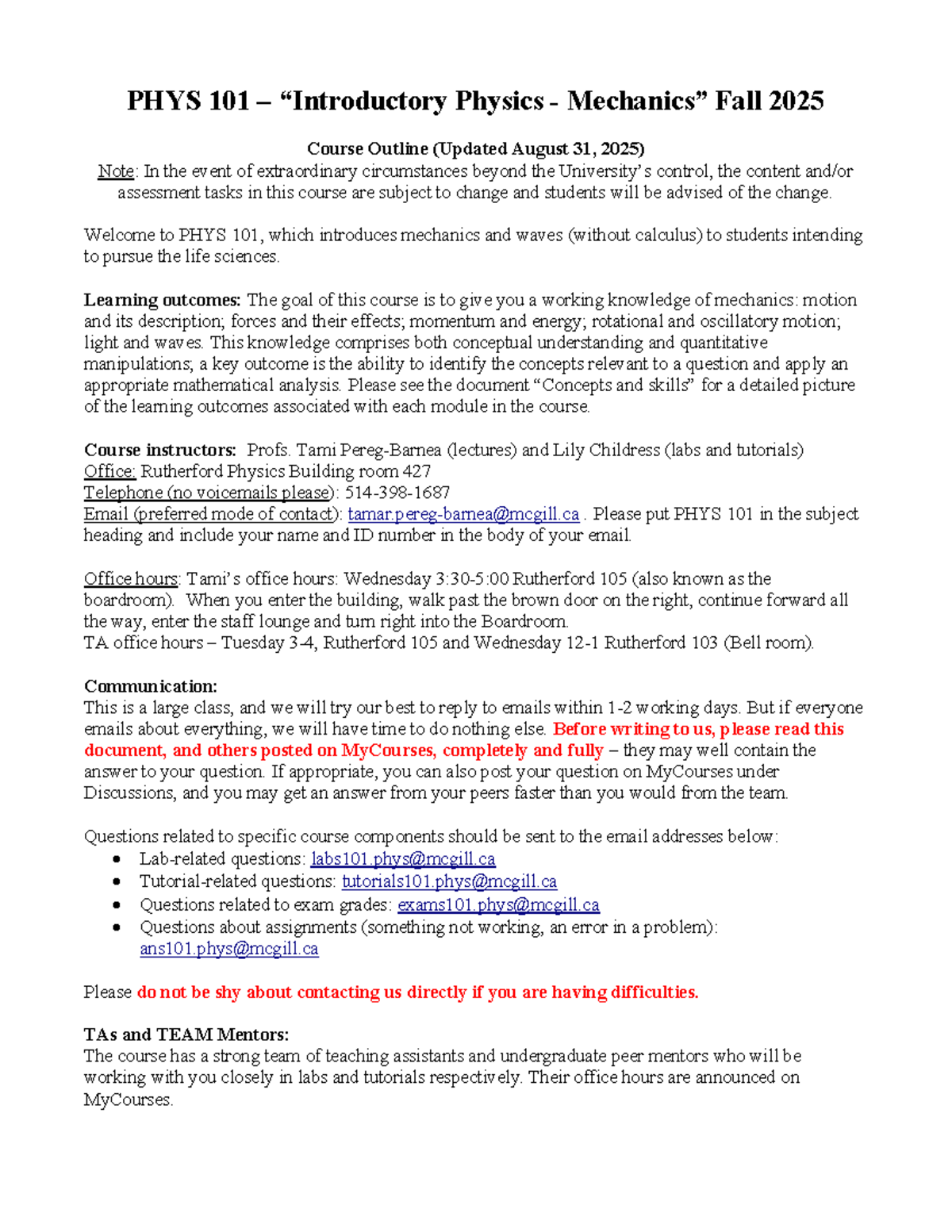 PHYS 101 Fall 2025 Course Outline and Syllabus - Studocu