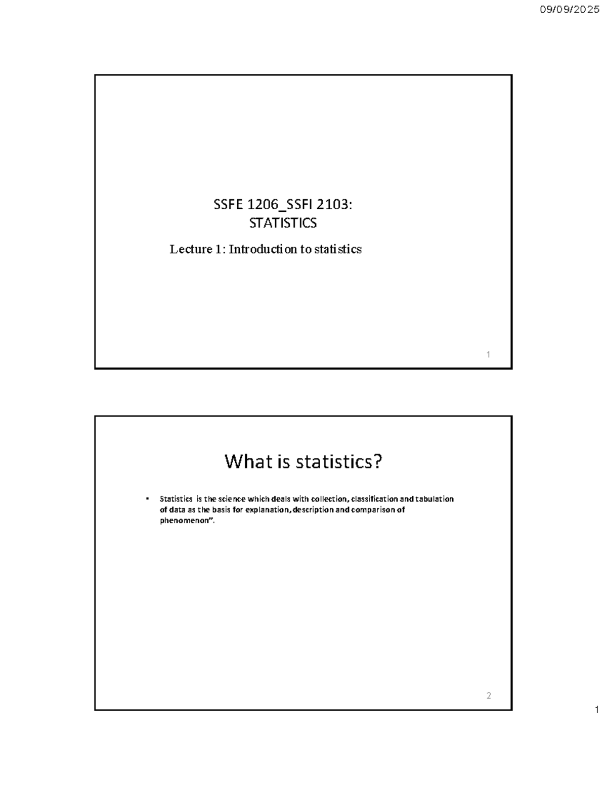 SSFE 1206_SSFI 2103: Lecture 1 - Intro to Statistics and Biostatistics - Studocu