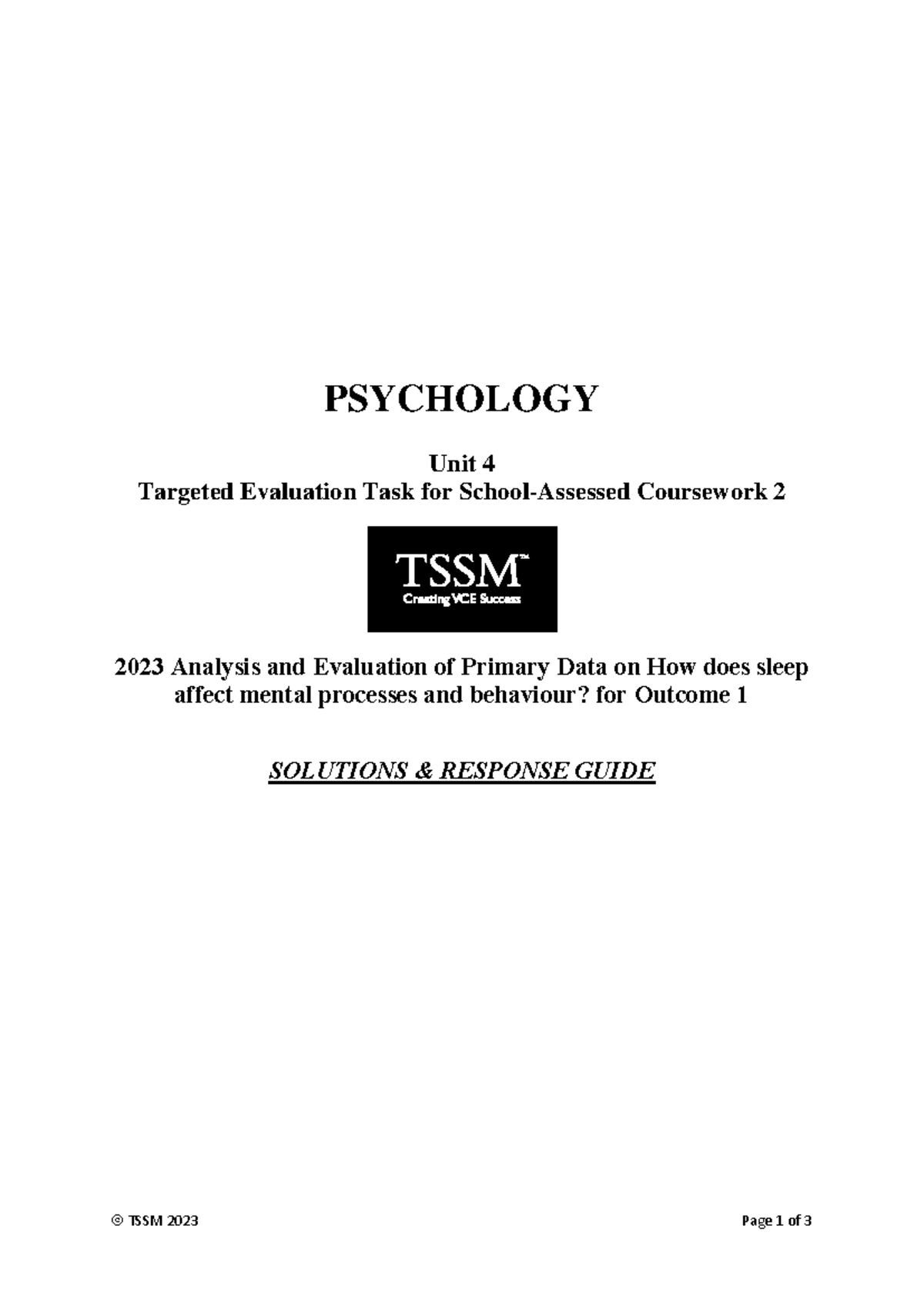 PSYCHOLOGY Unit 4 TET 2 2023 Primary Data Analysis & Solutions Guide ...