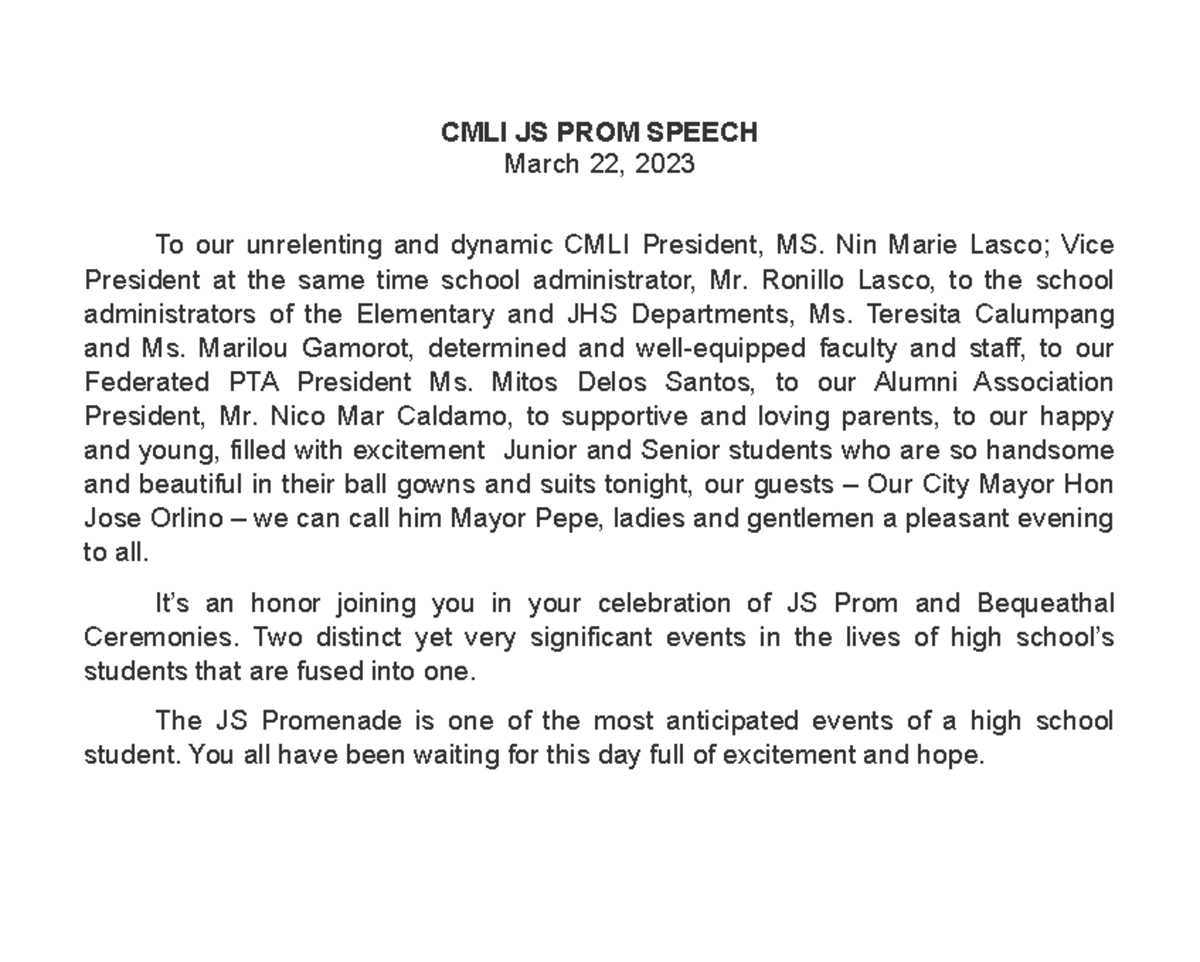 JS PROM Message 2023 - CMLI JS PROM SPEECH March 22, 2023 To our ...
