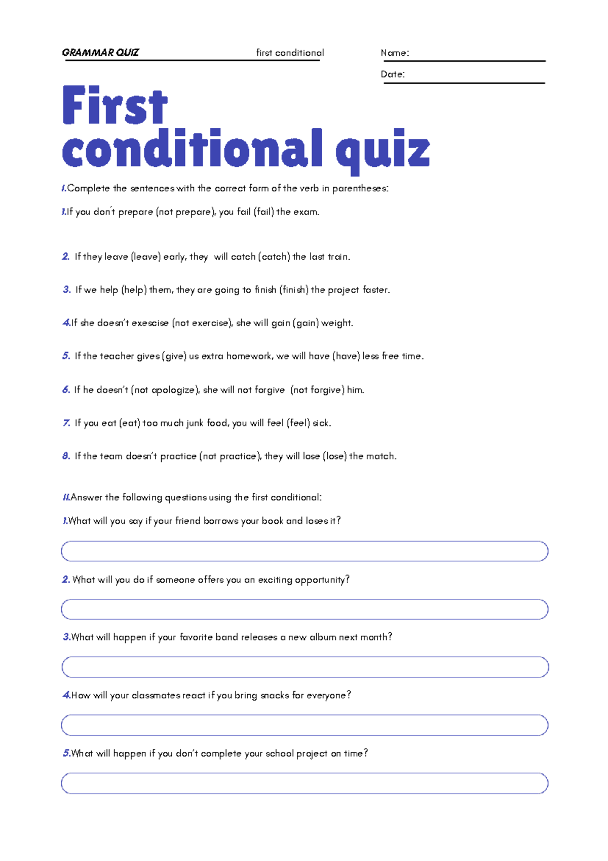 GRAMMAR QUIZ: First Conditional Practice (VG) - Studocu