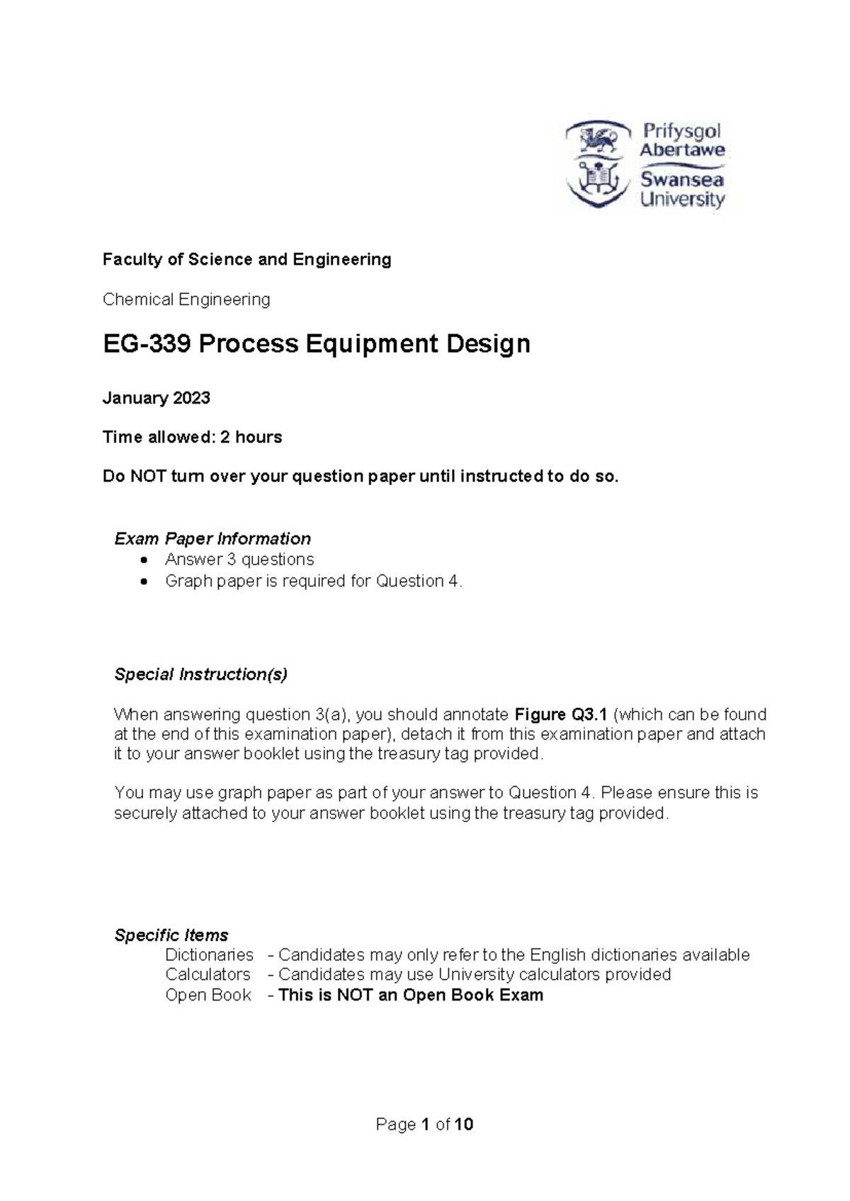 EG-339 Chemical Engineering Process Equipment Design Exam Jan 2023 ...