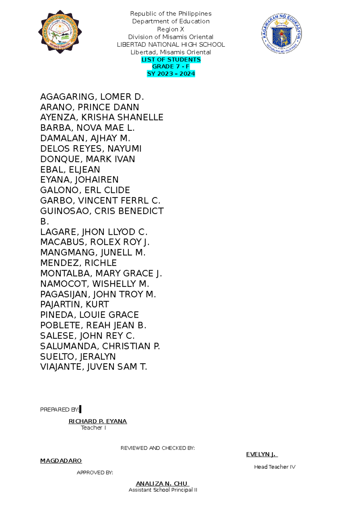 Grade 7-F Student List for SY 2023-2024 - Libertad NHS - Studocu