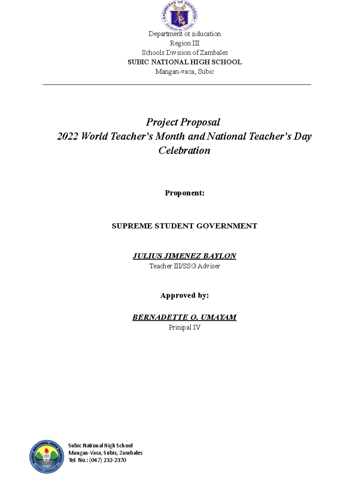 2022 Teacher's Day Celebration Proposal - Subic National High School ...