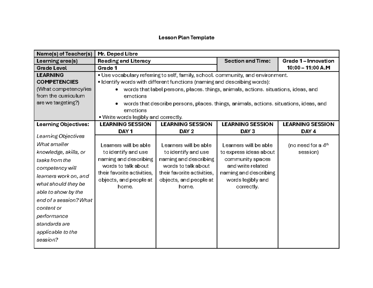 Grade 1 Lesson Plan Template: Reading & Literacy Objectives - Studocu