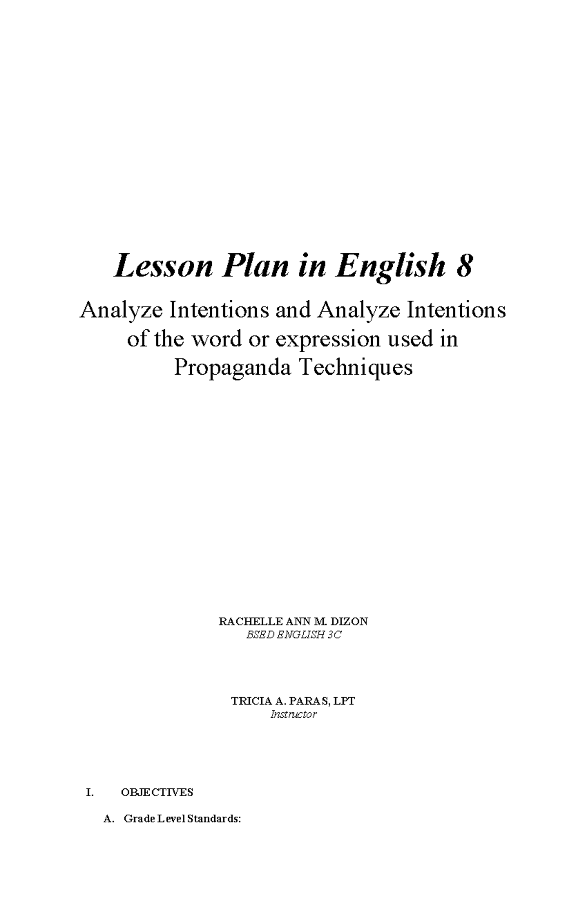 Lesson Plan: Analyzing Propaganda Techniques in English 8 (DLP) - Studocu